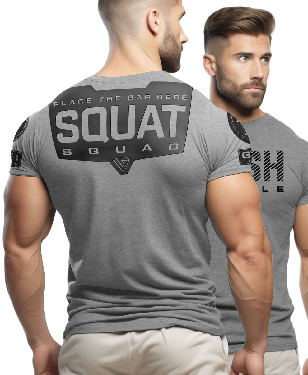 094. Squat Squad Rubber Back Design Funny Workout Gym T-Shirt for Men – Gymish